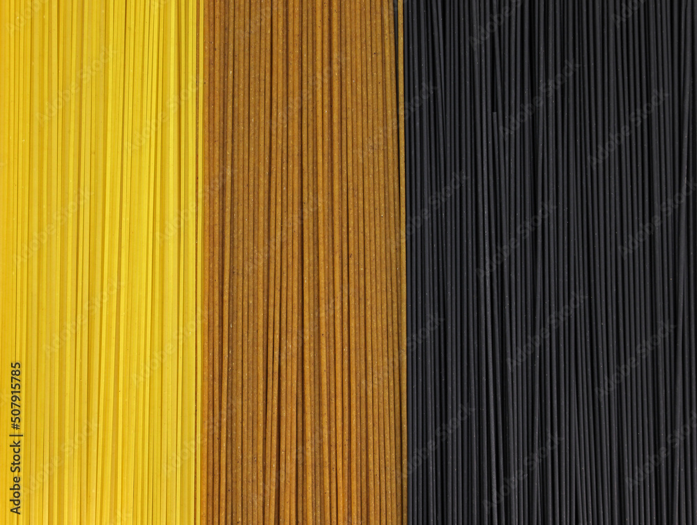 Different types of spaghetti top view. Italian raw pasta close-up ...