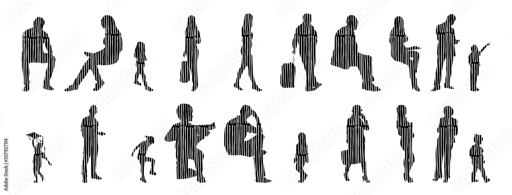 Vector illustration, Outline silhouettes of people, Contour drawing ...
