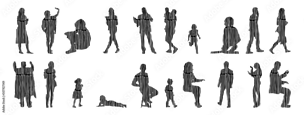 Vector illustration, Outline silhouettes of people, Contour drawing ...