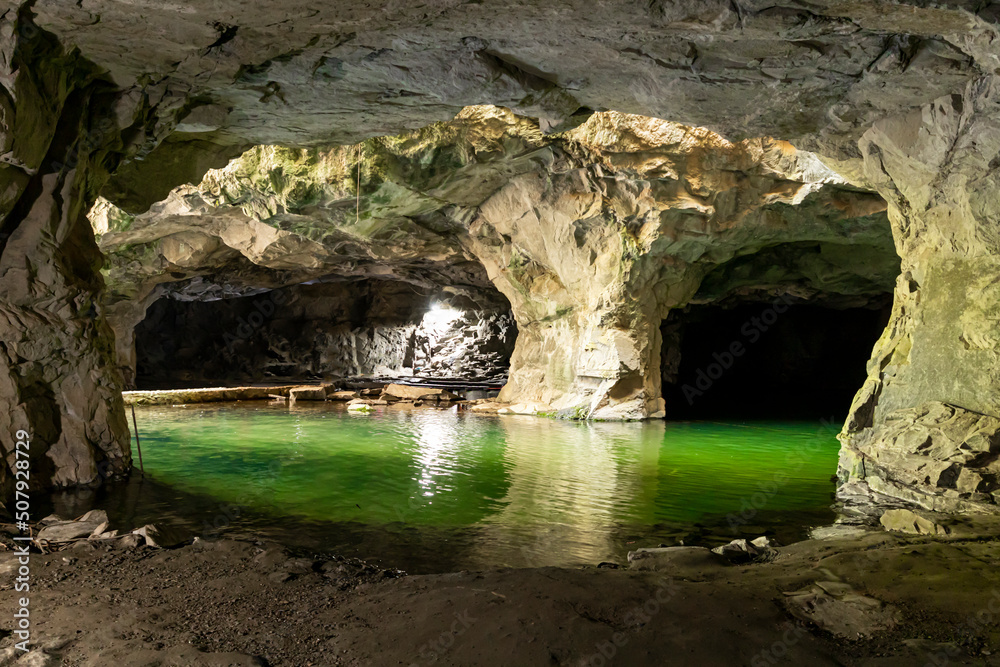 Underground cave, grotto with green lake. Gruta do Anjo, Socorro. Angel ...