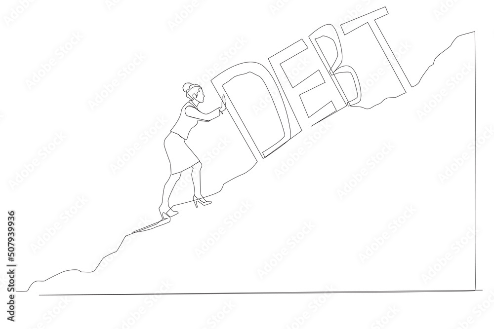 Continuous line drawing businesswoman pushing heavy debt uphill ...
