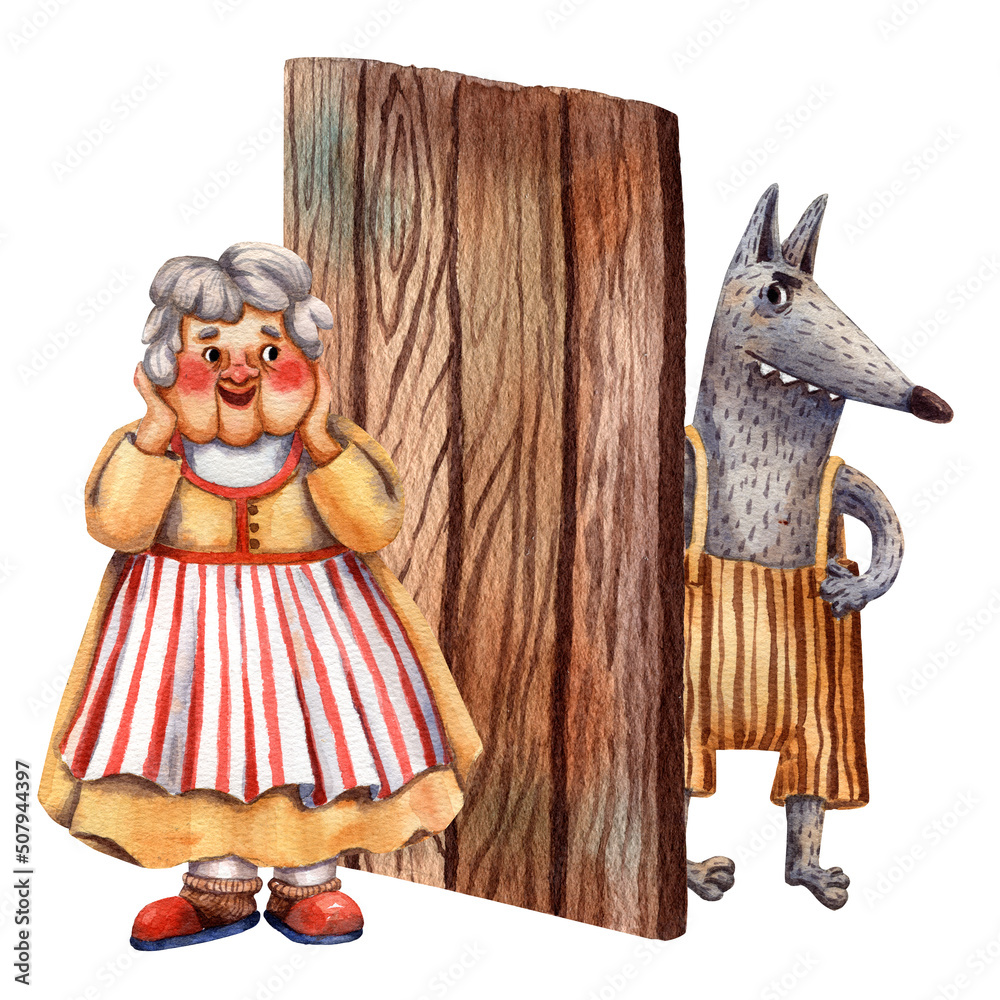 Watercolor wolf character in the door. Little Red Ridding Hood ...