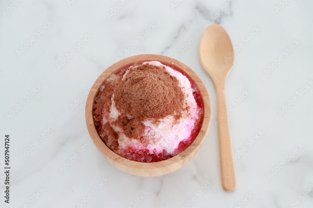 crushed ice Or shaved ice with sweet red water and sweetened condensed ...