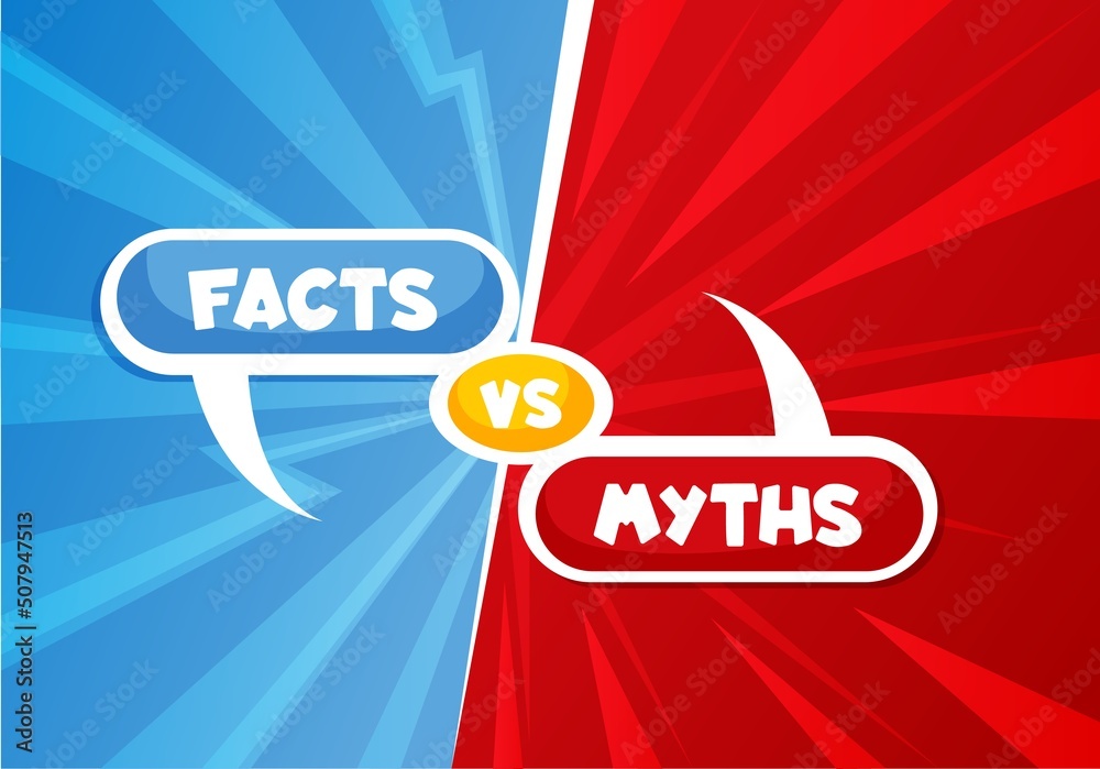Myths vs facts, truth and false or true and fiction fake, vector ...