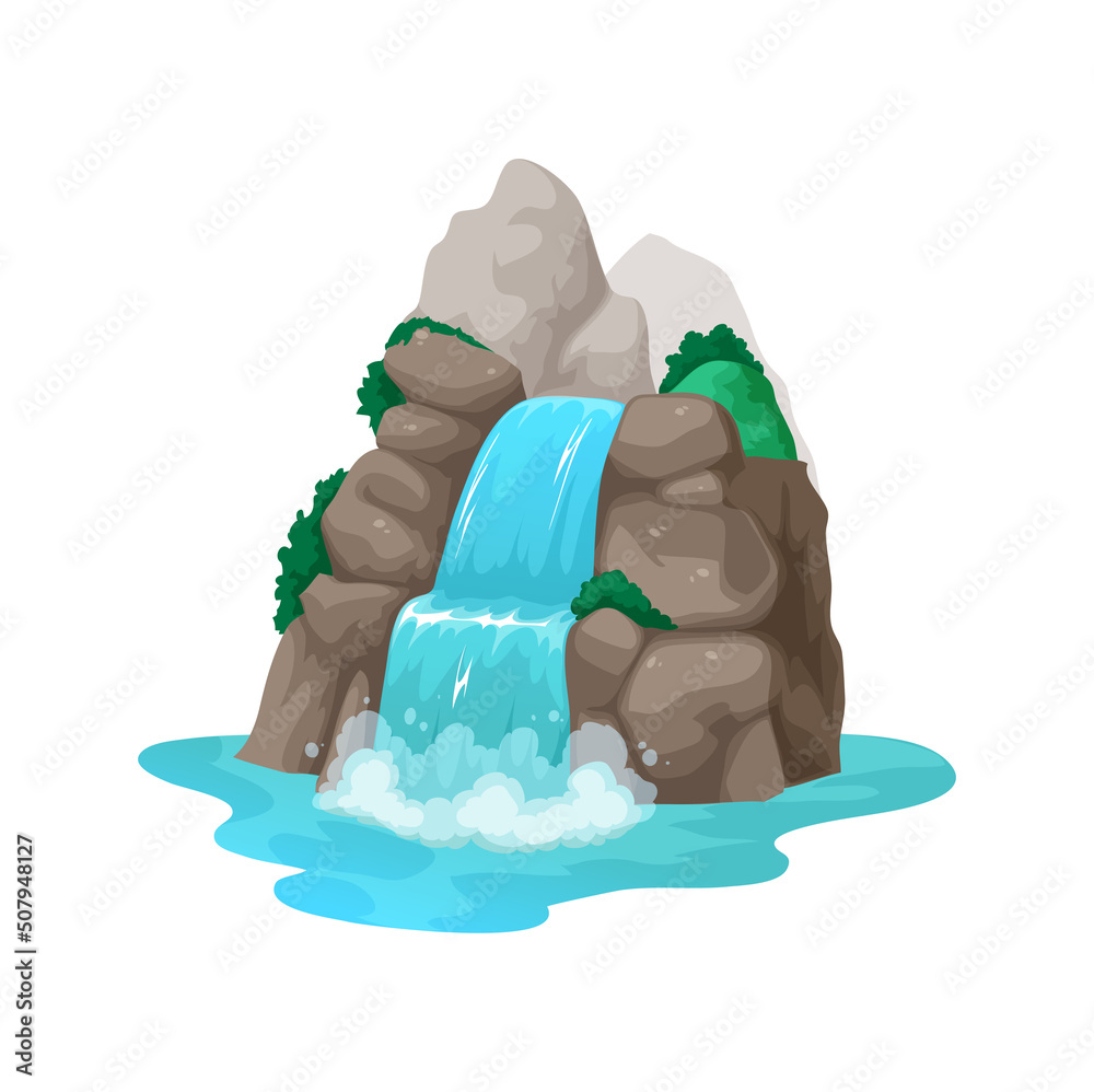 Scene with cartoon waterfall, cascade water splashes and clean ...