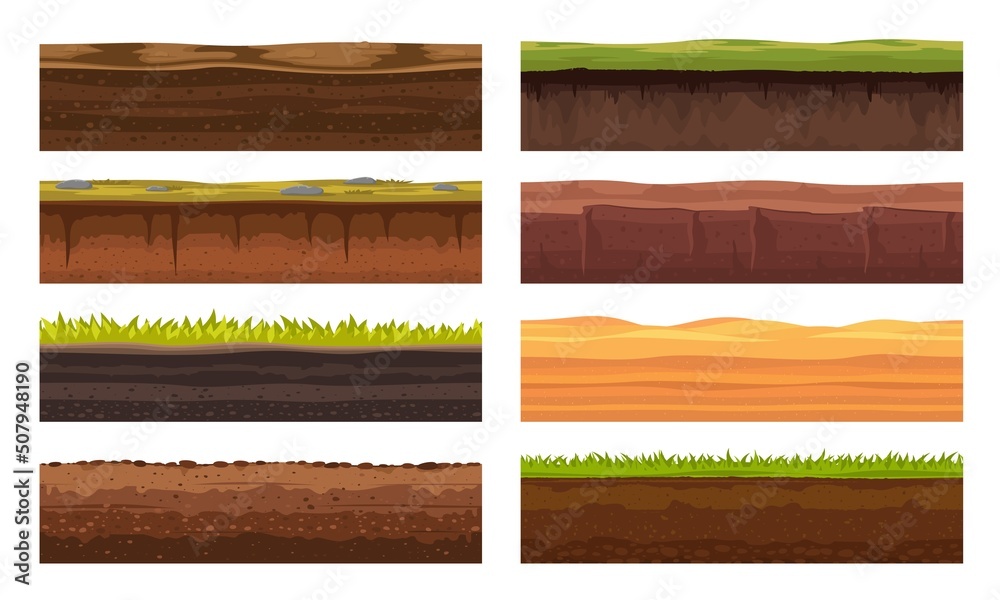 Soil ground or underground layers, grass, land and earth texture ...