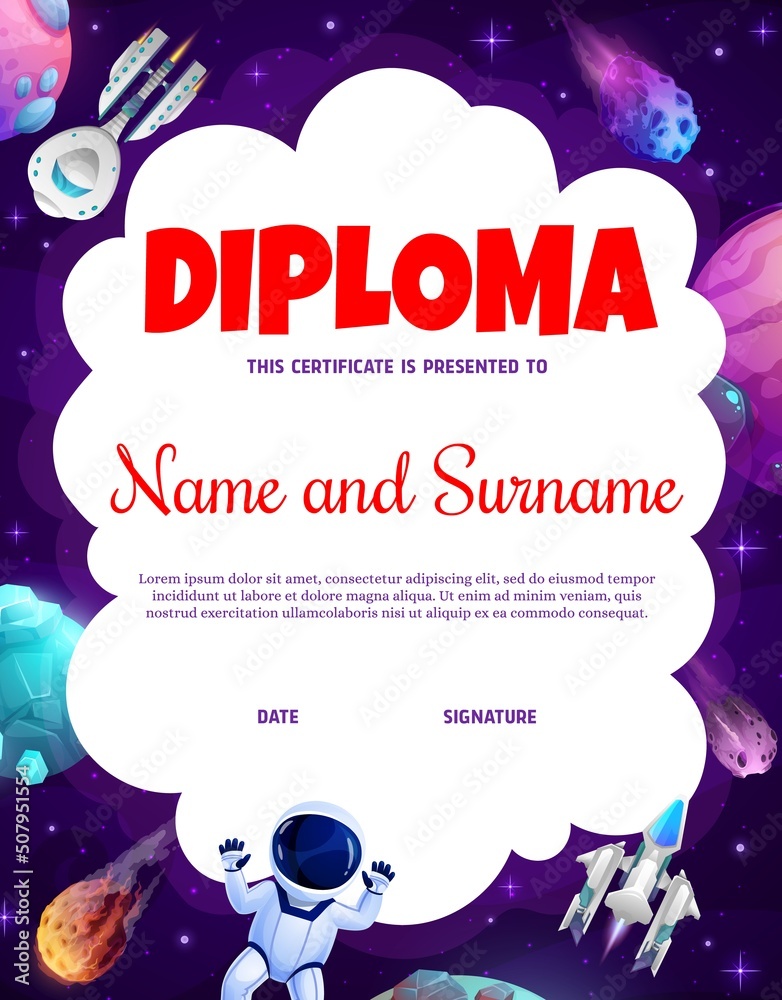 Kids diploma planets, comets, asteroids with spacecrafts and astronaut ...