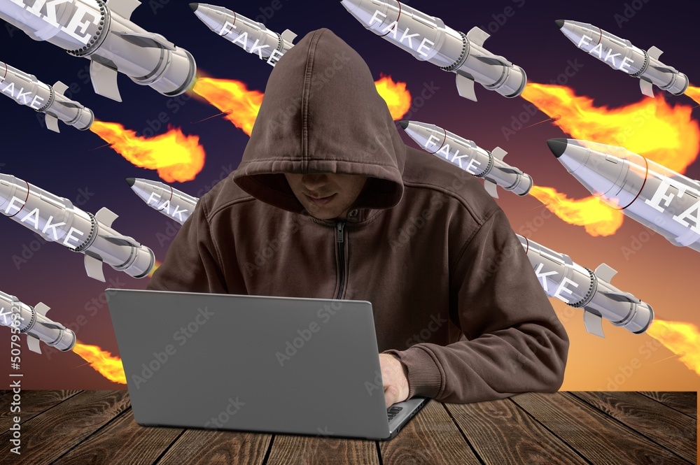 Hacker, propagandist launches fake news. Information war, hybrid war ...