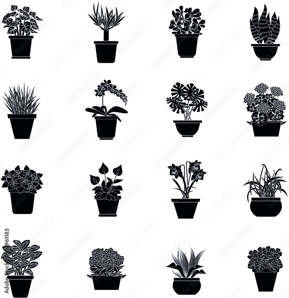 Vetor de House plants vector black and white icon collection set do ...
