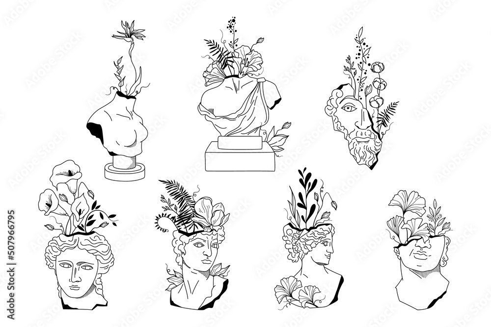 Floral ancient Greek male and female statues isolated clip art bundle ...