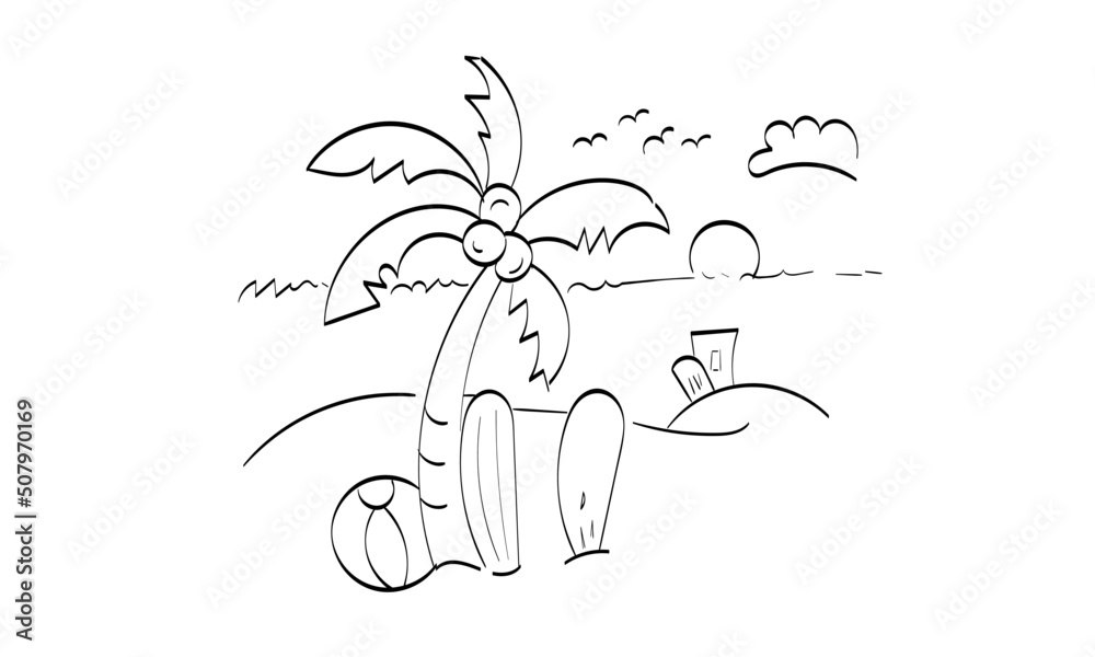 Summer Beach Coloring Page. Palm Tree Line Drawing. Beach Palm tree ...
