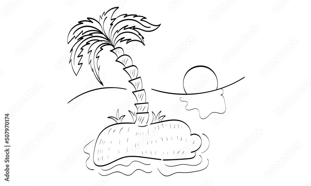Summer Beach Coloring Page. Palm Tree Line Drawing. Beach Palm tree ...
