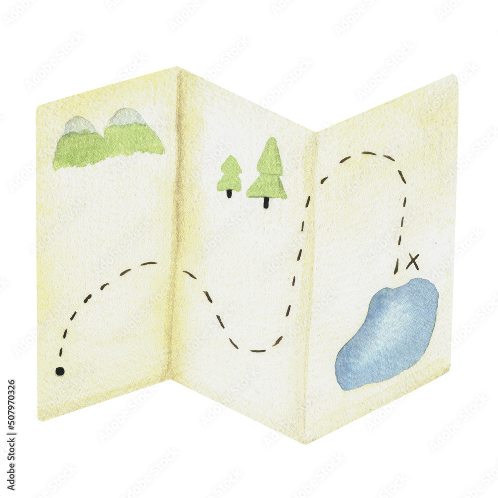 A watercolor old map with a location marker and a dotted line from ...