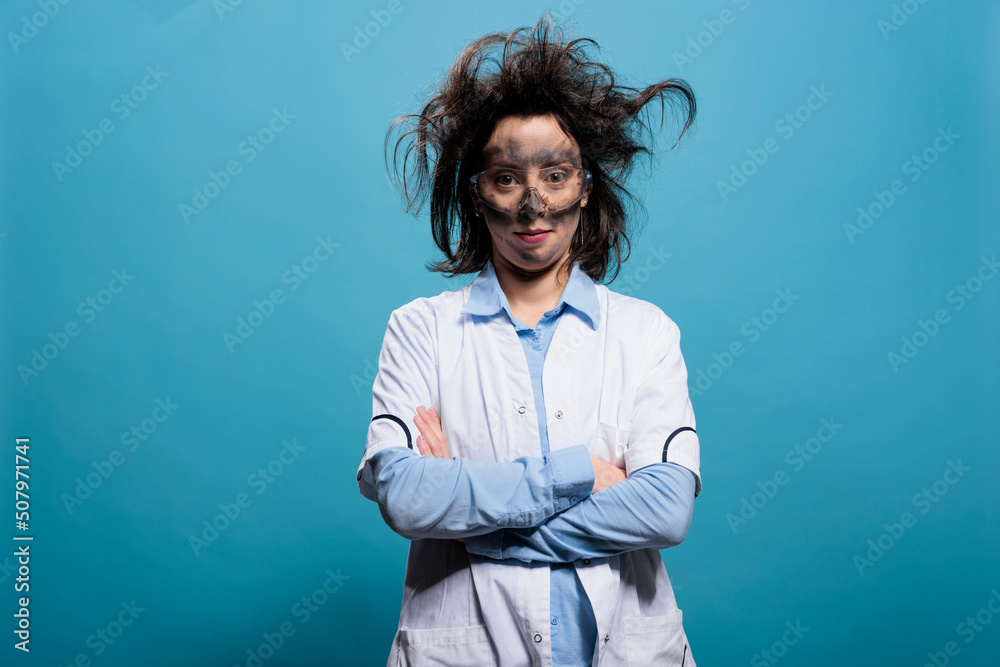 Hilarious looking crazy chemist with messy hairstyle and dirty face ...