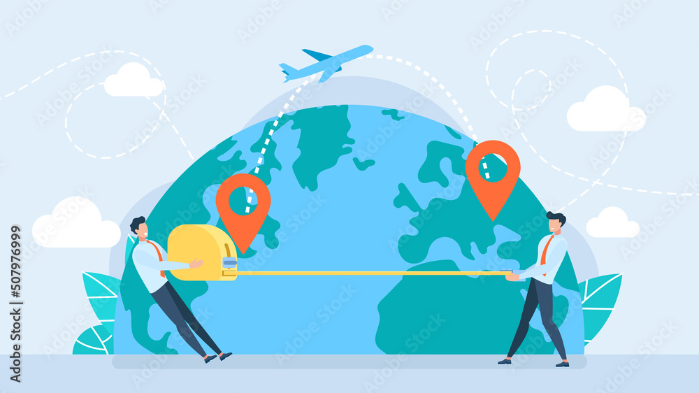 Tiny characters measure distance on the world map using a measuring ...