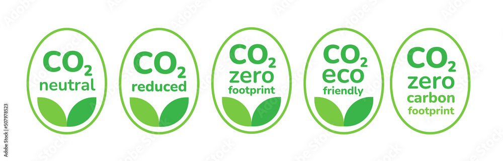 CO2 emission reduction icon set. Zero carbon footprint, CO2 neutral ...