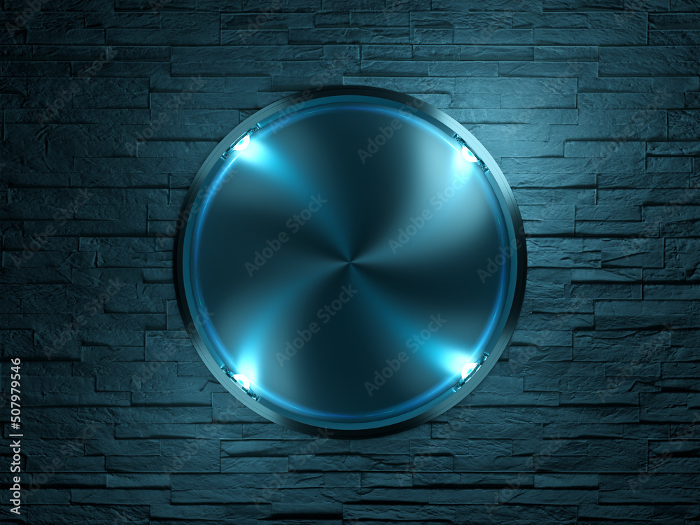 Neon style signboard on brick wall mockup. Blue modern sign illuminated ...