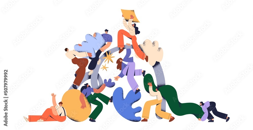 Creative team creating new, building abstract structure, working under ...