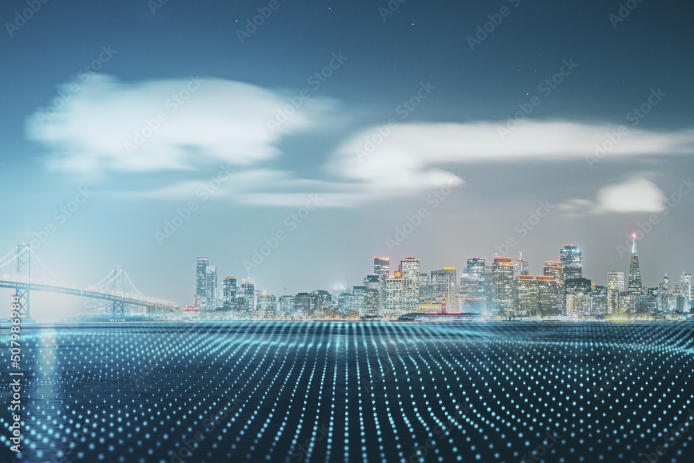 Creative city backdrop with mock up place in sky and wireframe ...