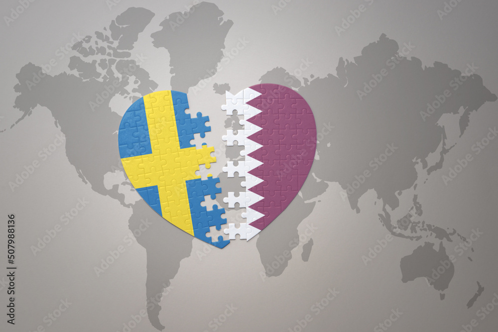 puzzle heart with the national flag of sweden and qatar on a world map ...