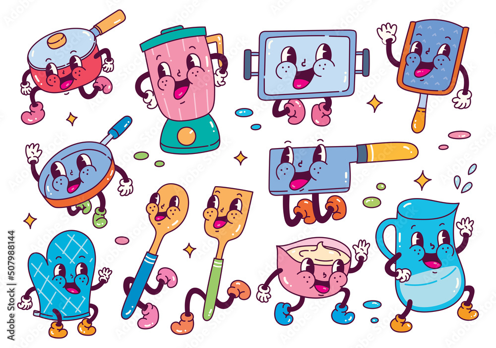 Set of kitchen utensils in retro cartoon style illustration, vintage ...