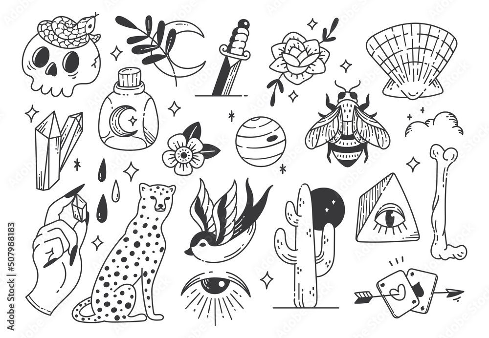 Various tattoo element doodle isolated on white Stock Vector | Adobe Stock