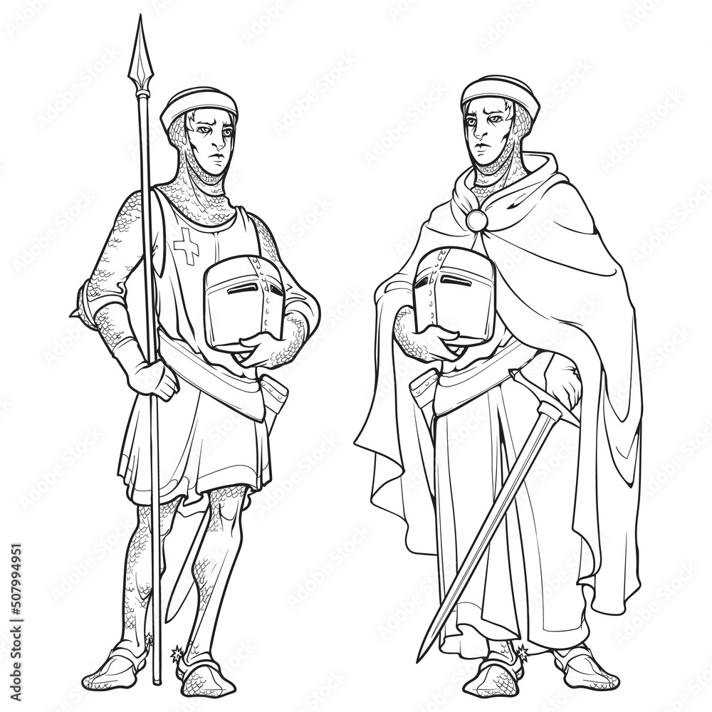 Early Medieval knight. Two outfits with a chain-mail armor long or ...