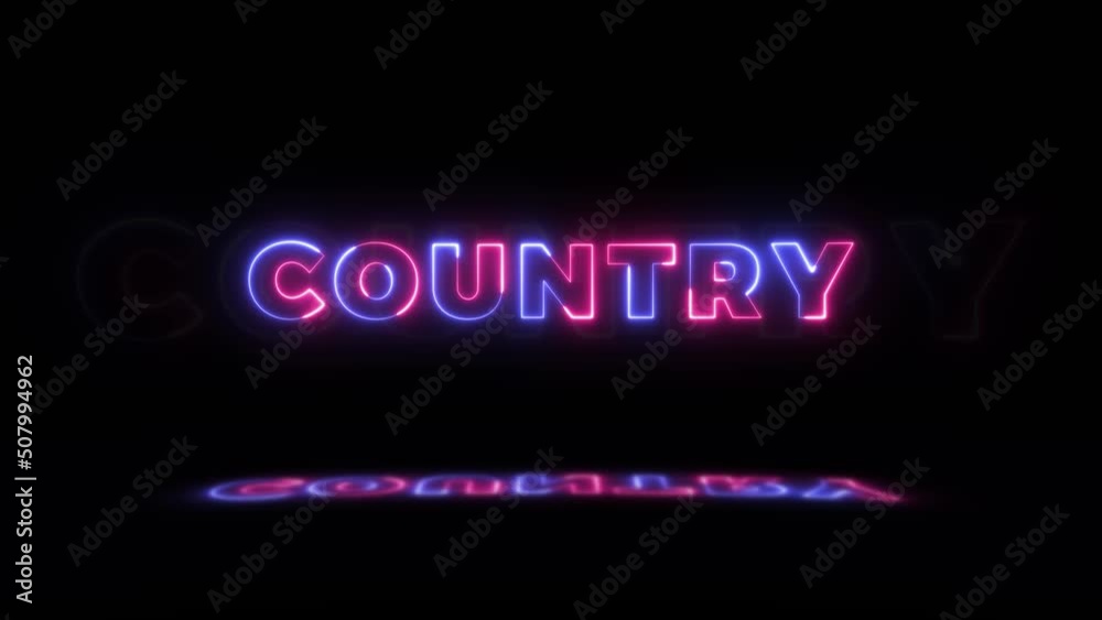 Vidéo Stock Neon glowing word 'COUNTRY' on a black background with ...