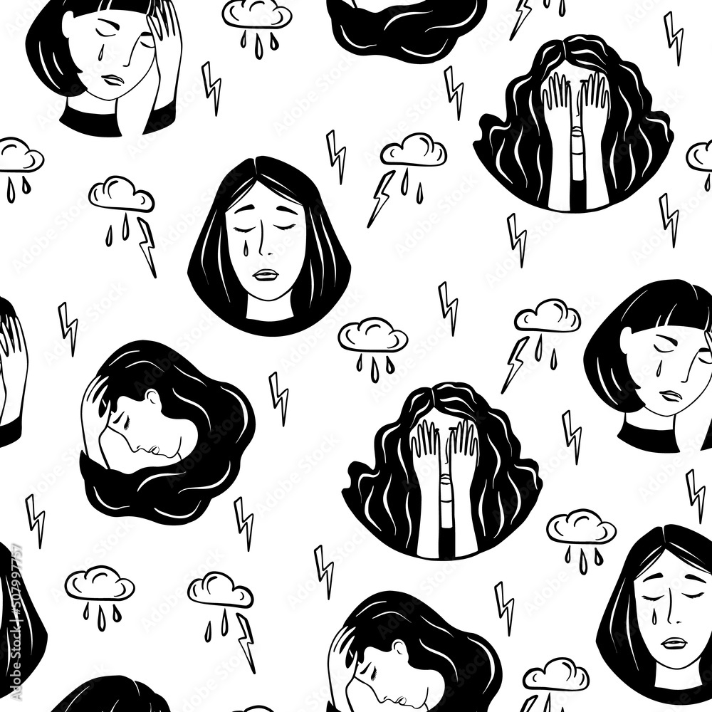 Seamless pattern with depressed, crying and sad girl portraits. Anxiety ...