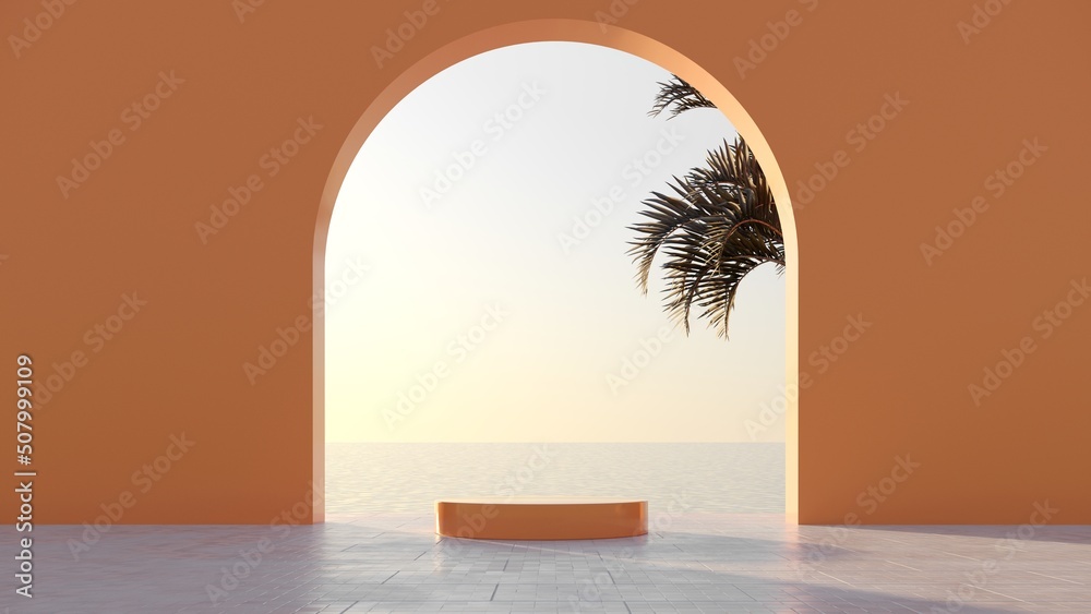Abstract architectural design on the backdrop of the ocean with sunset ...
