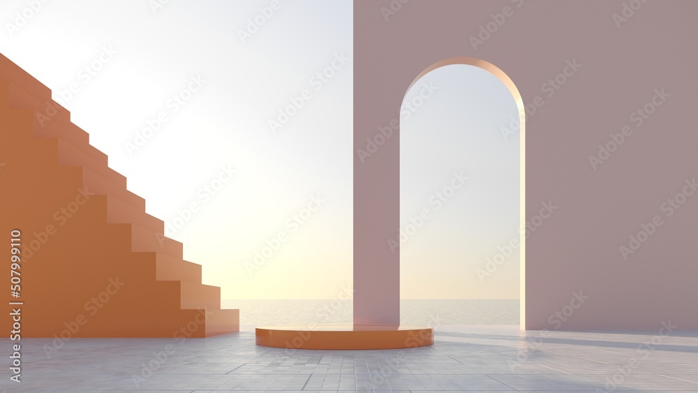 Abstract architectural design on the backdrop of the ocean with sunset ...
