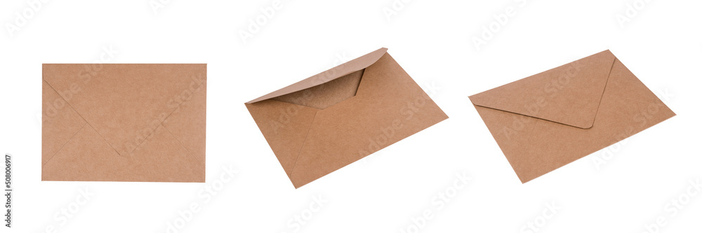 Set of brown kraft paper envelopes front and back isolated on white ...