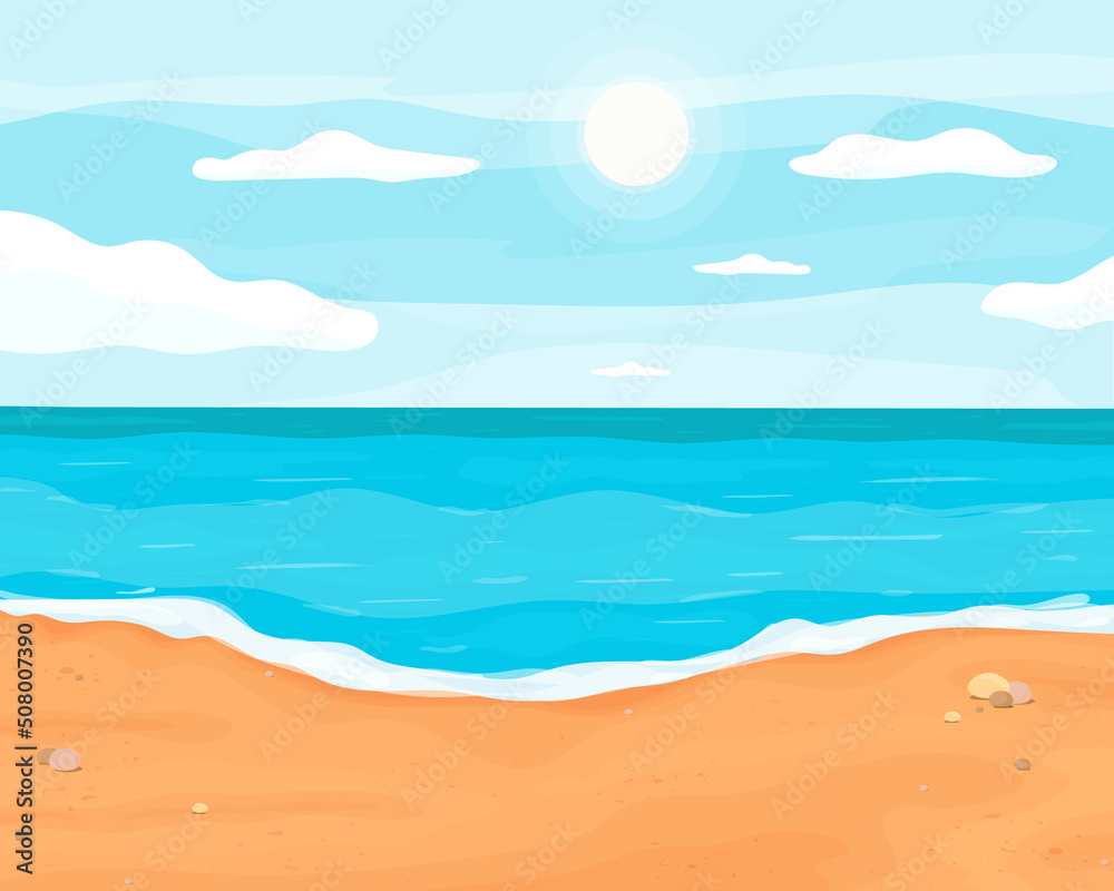 beach cartoon background. Print for postcard, packaging. Seascape ...