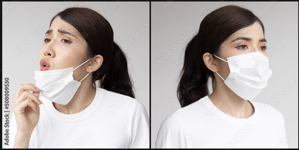 Suffocating young woman taking a breath out of face mask and still ...