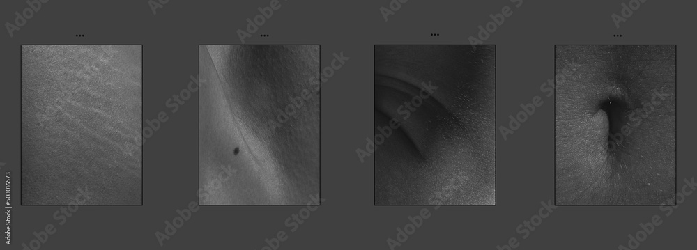 Collage. Detailed texture of human female skin. Close up part of woman ...