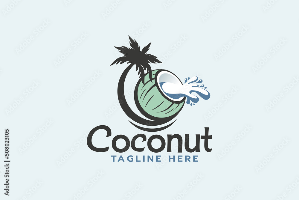 coconut logo with coconut tree and spilled coconut water. Stock Vector ...