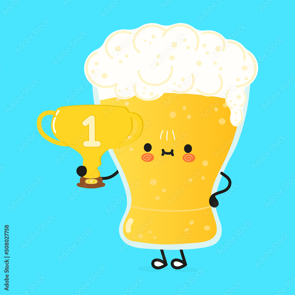 Cute funny glass of beer hold gold trophy cup. Vector hand drawn ...