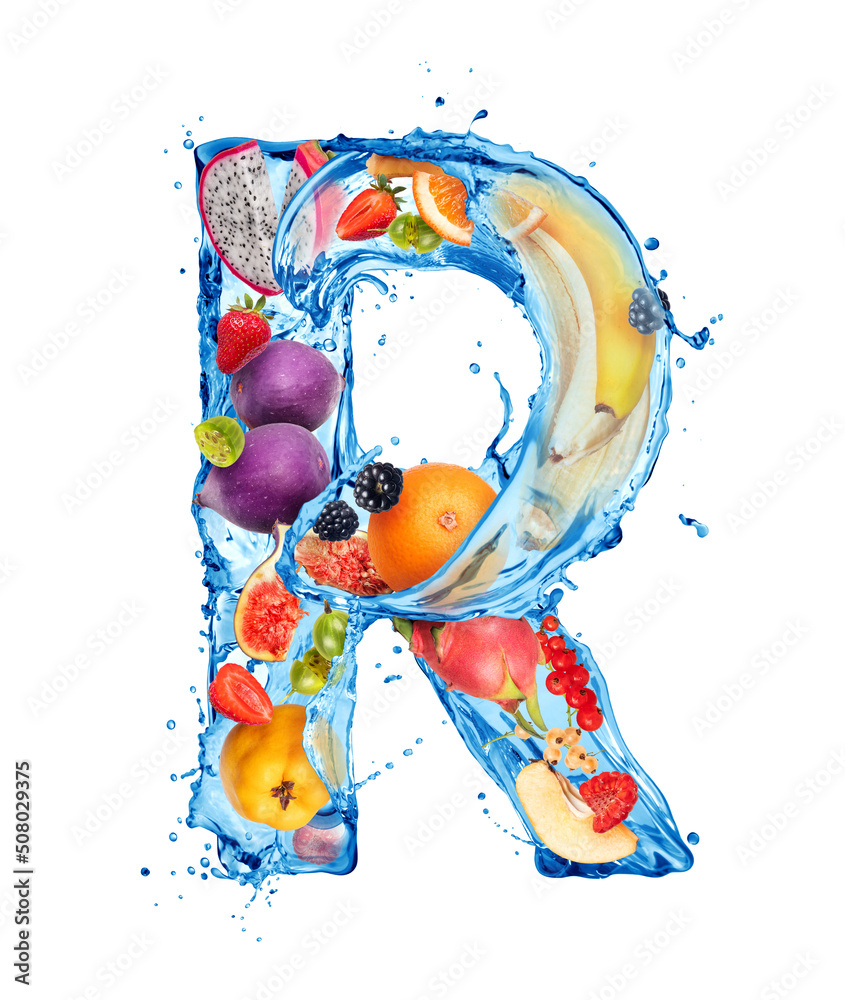 Latin letter R made of water splashes with different fruits and berries ...