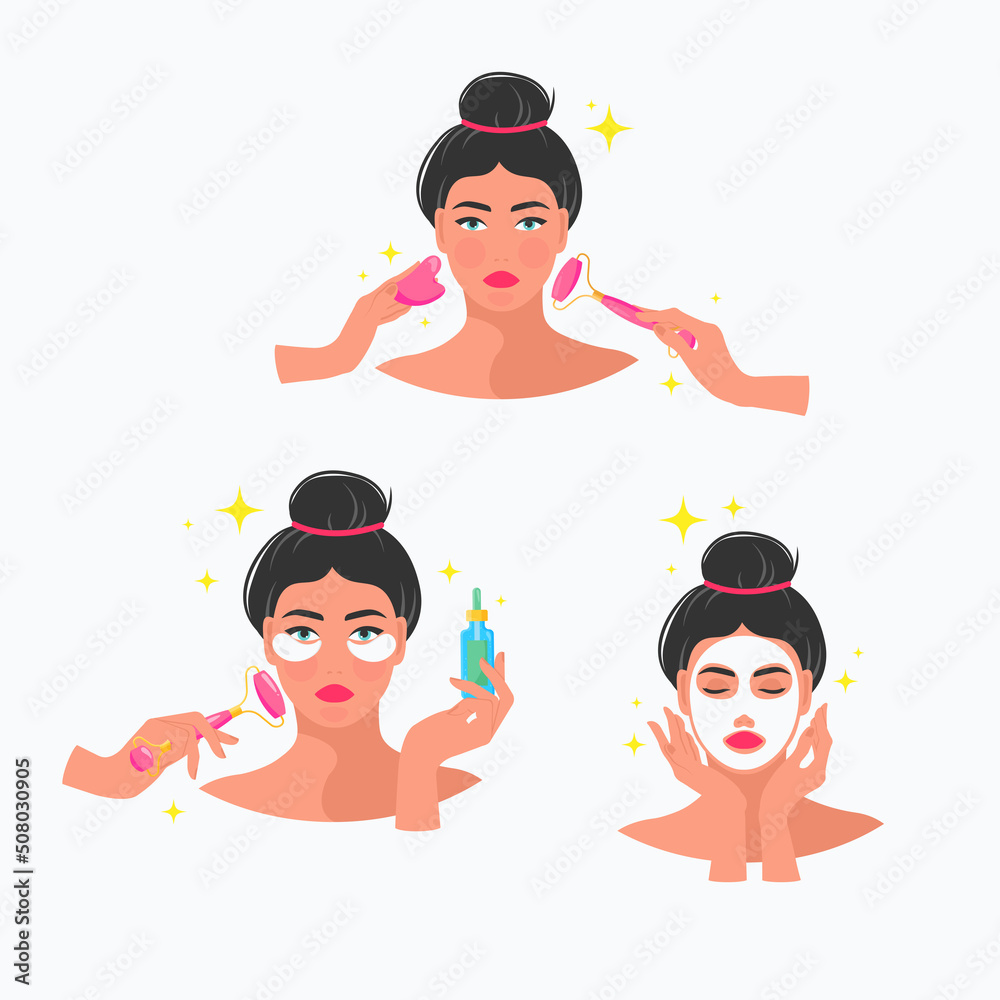 Beauty routine. Beautiful young ladys. Various spa procedures stickers ...
