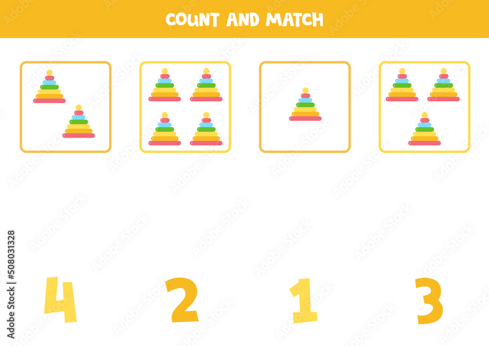 Counting game for kids. Count all toy pyramids and match with numbers ...