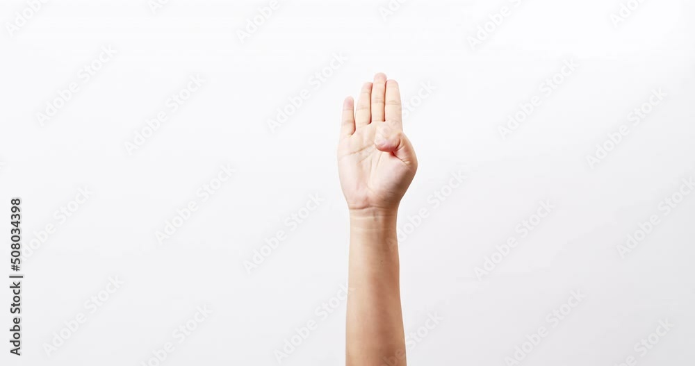Female hands symbol with fingers for help isolated on a white studio ...