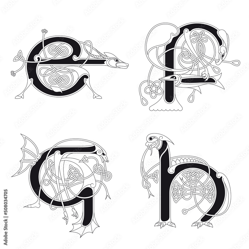 Medieval Celtic Initial Letter E F G And H Combining Animal Body