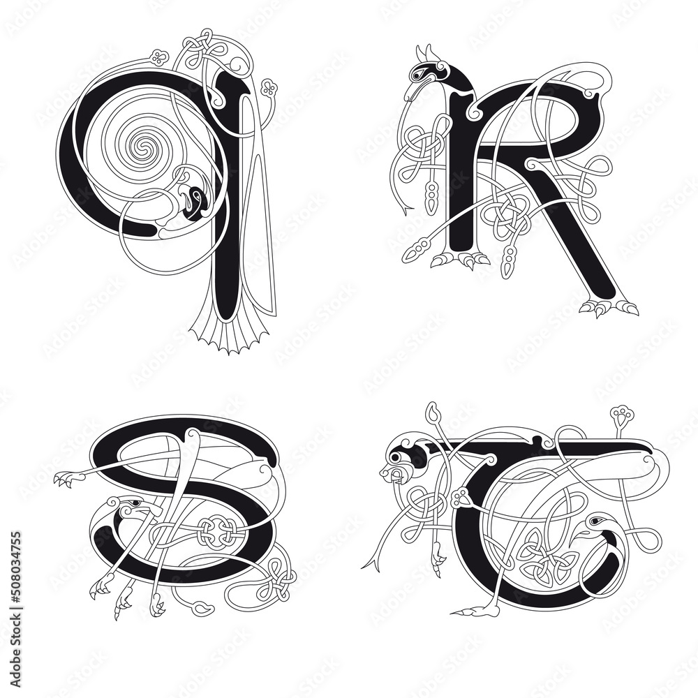 Medieval, Celtic Initial Letter Q, R, S and T combining animal body ...