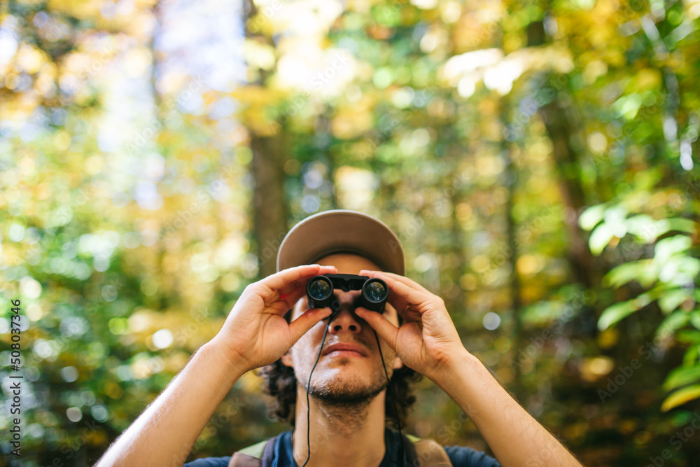 Hiker observing forest in binoculars Stock Photo | Adobe Stock