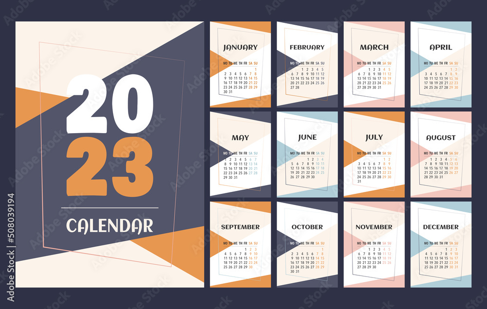 Calendar 2023 template, orange, pink, blue and white desk calendar ...