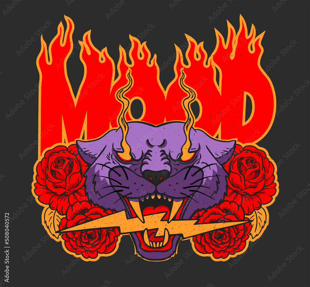 mad panther with lightning in its teeth and roses, retro print for t ...