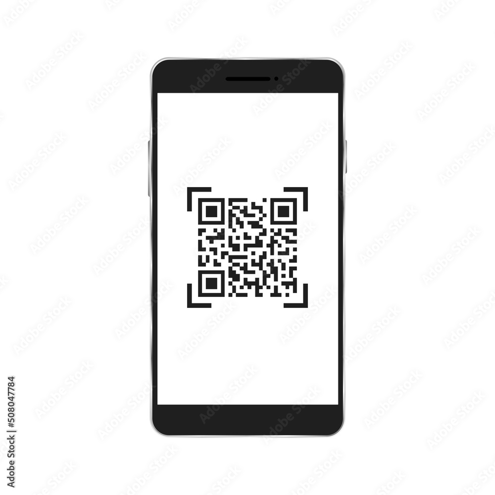 Smartphone with scan QR code. Realistic black phone scanning barcode ...