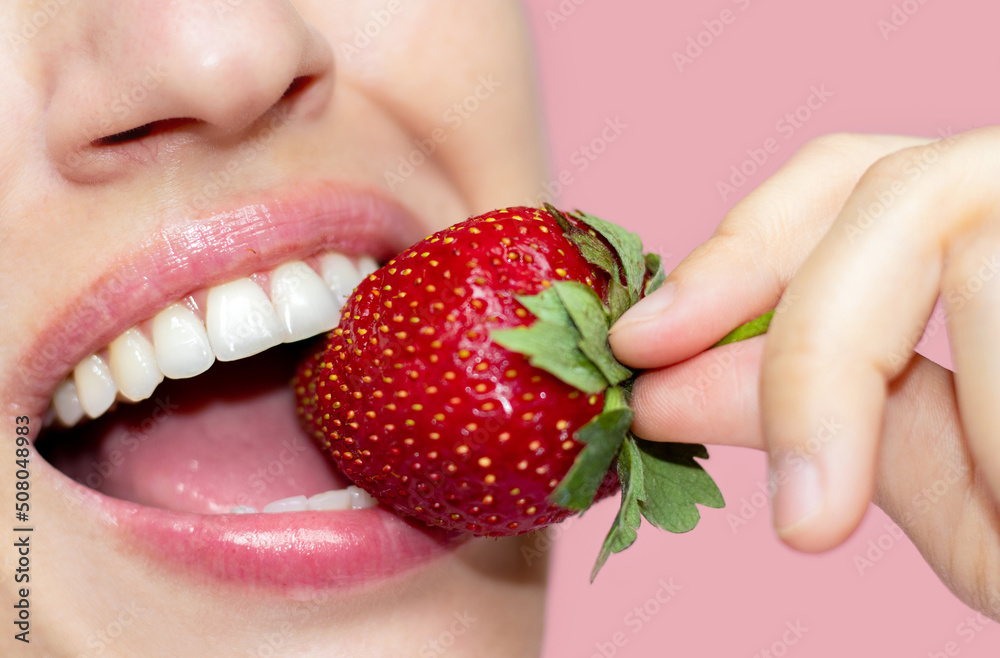 eating strawberry close up woman mouth,white beautiful natural teeth ...