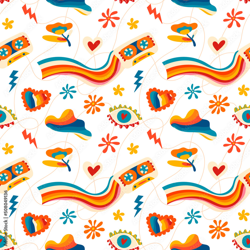 Psychedelic seamless patterns in retro 70s style, groovy hippie ...