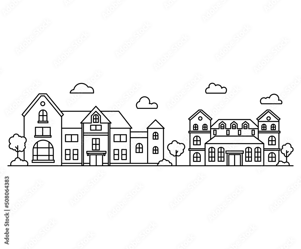 Neighborhood line art house. Isolated on white background.Outline ...